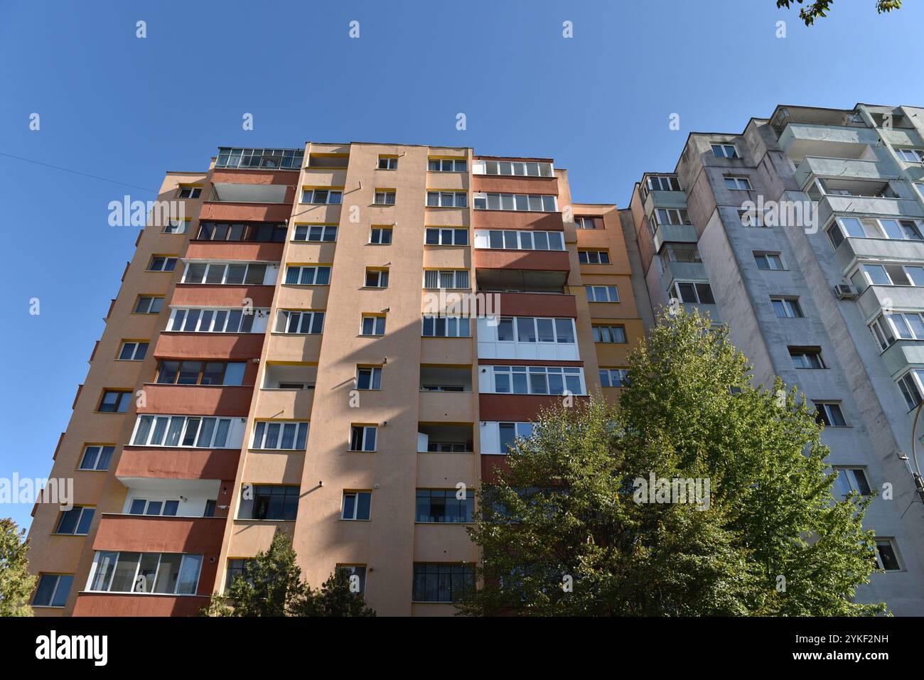 Typical facade of concrete panel building. Post Soviet flat of blocks ...