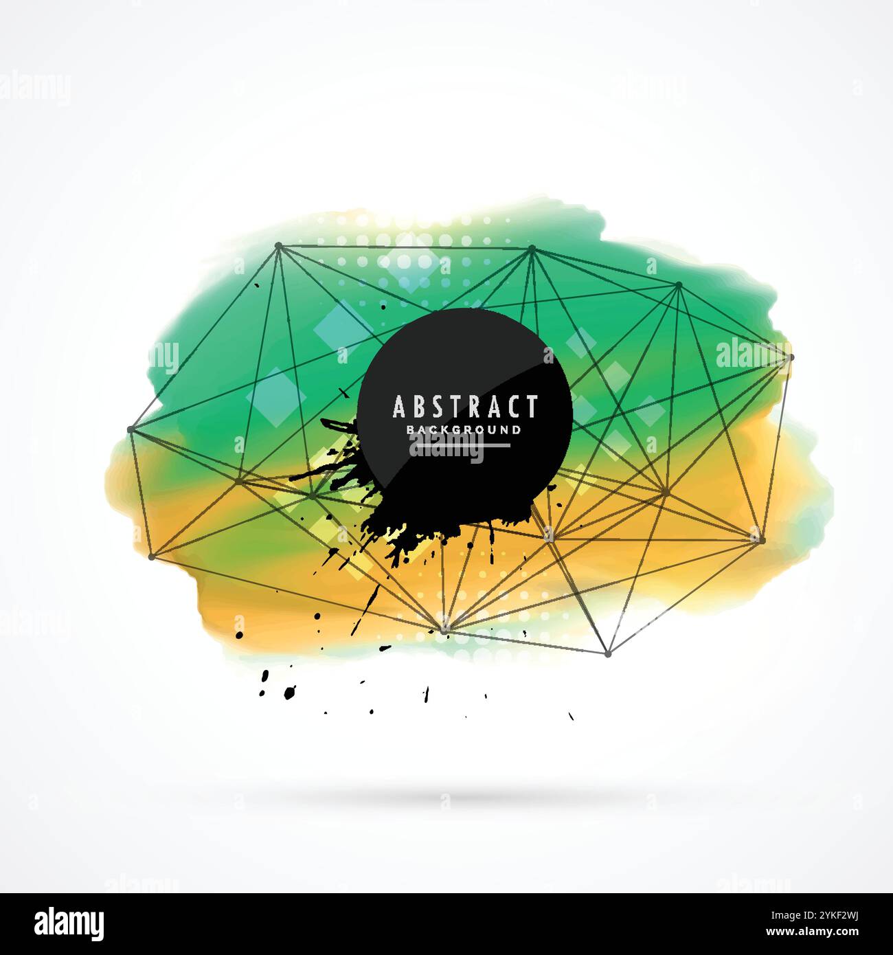 abstract green and yellow watercolor stain with array of wire mesh ...