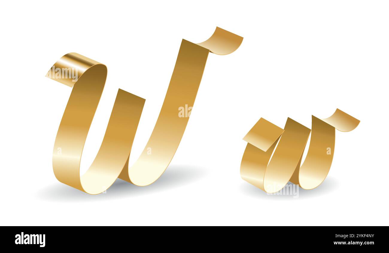 Luxury golden English alphabet letter ribbon. Character W in gold tape ...
