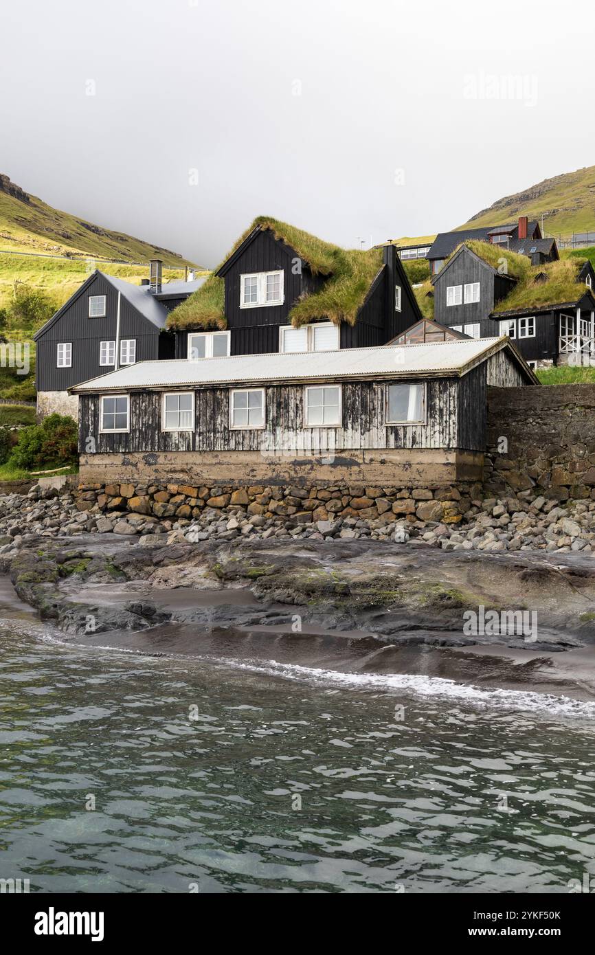 Traditional grass turf roofed houses in Vagar Island in the Faroes ...