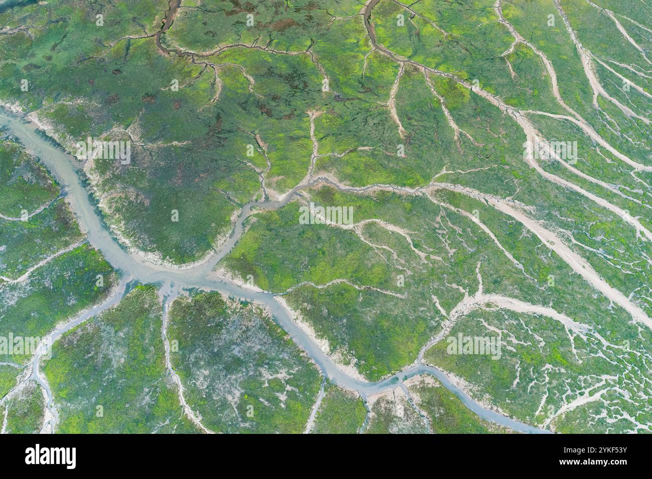 Drone captured aerial view of the Ria del Eo at its mouth with the ...