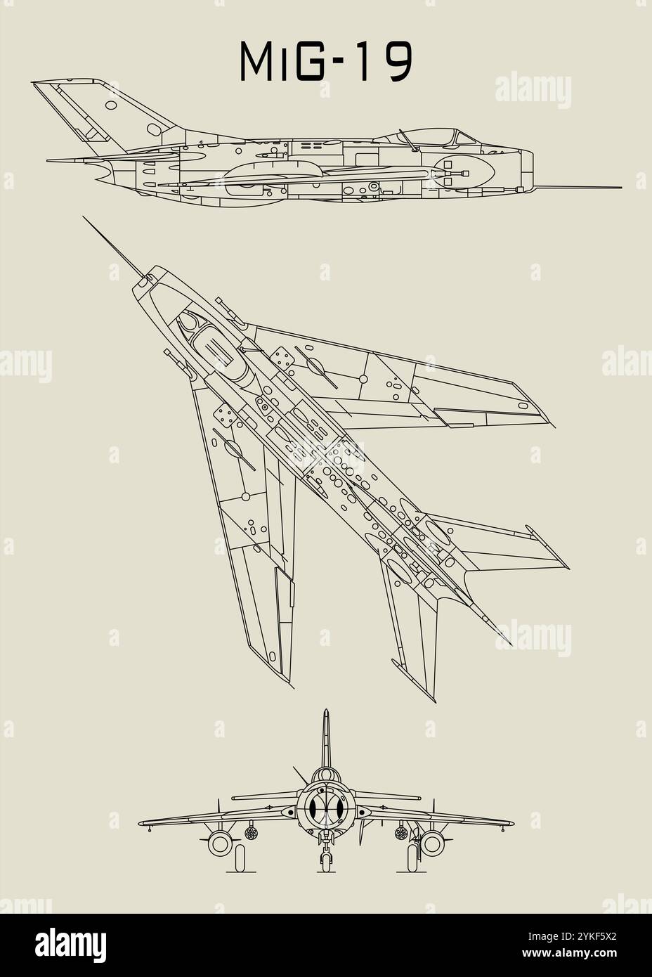 This blueprint showcases a detailed technical drawing of the MIG-19 jet ...