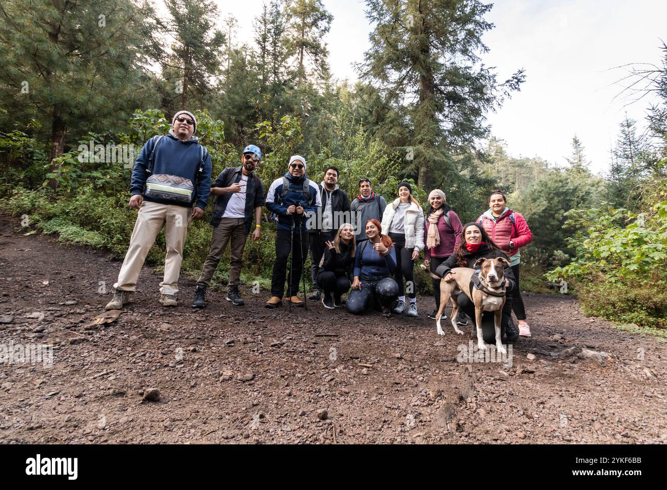 A diverse group of friends hiking in a lush forest, with trees ...
