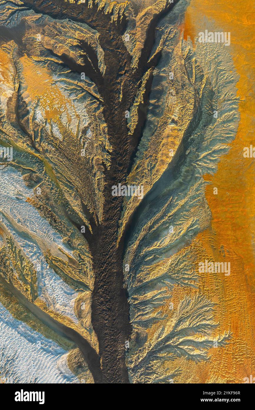 An aerial shot captures the intricate patterns and earth-toned textures ...