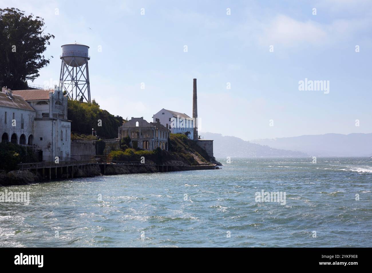 A close-up of Alcatraz Island's historic buildings, including the water ...