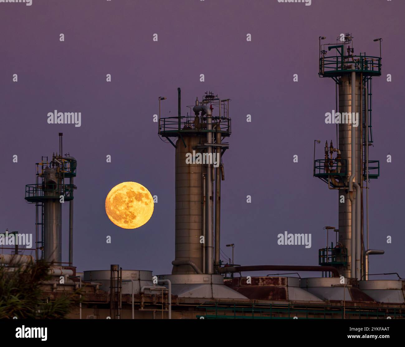 The full moon ascends majestically in the twilight sky behind towering ...