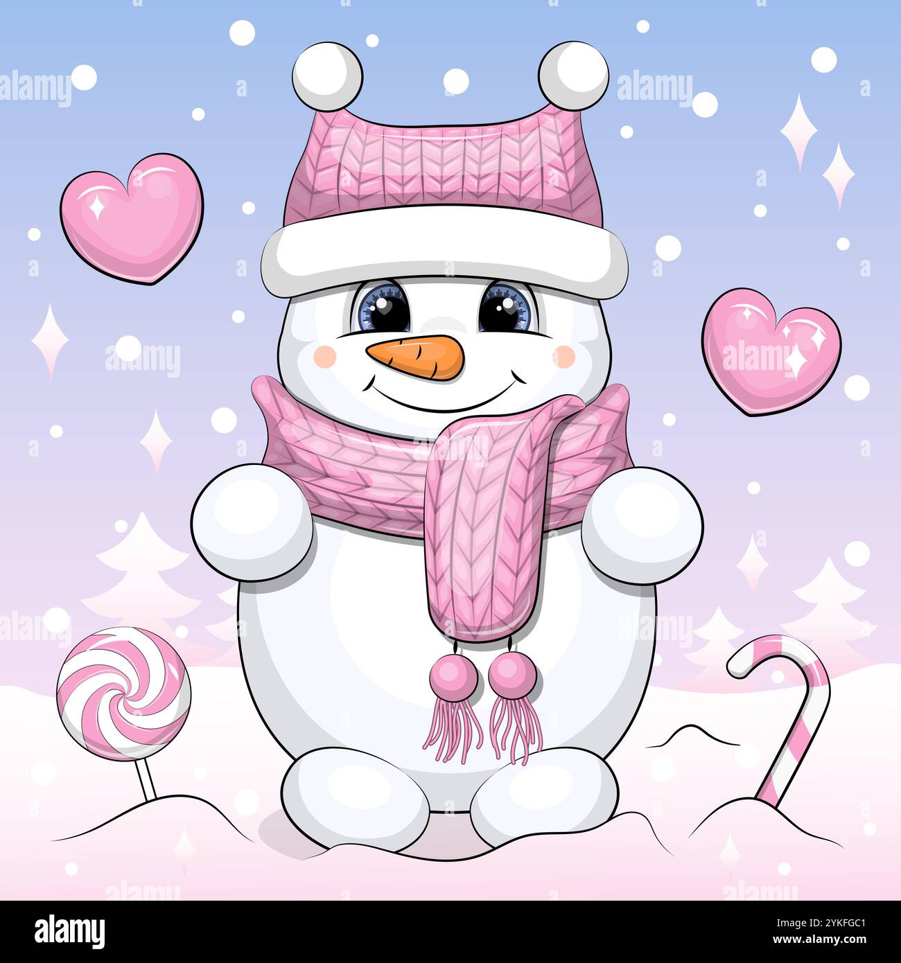 Cute cartoon snowman wearing a pink scarf and hat. Christmas and winter ...