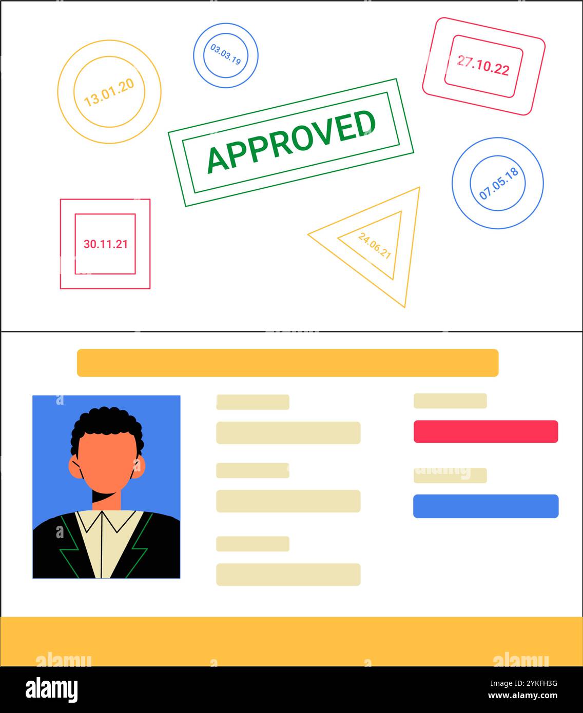 Approved Passport Page With Photo And Stamps In Flat Vector Illustration Symbolizing Travel ...