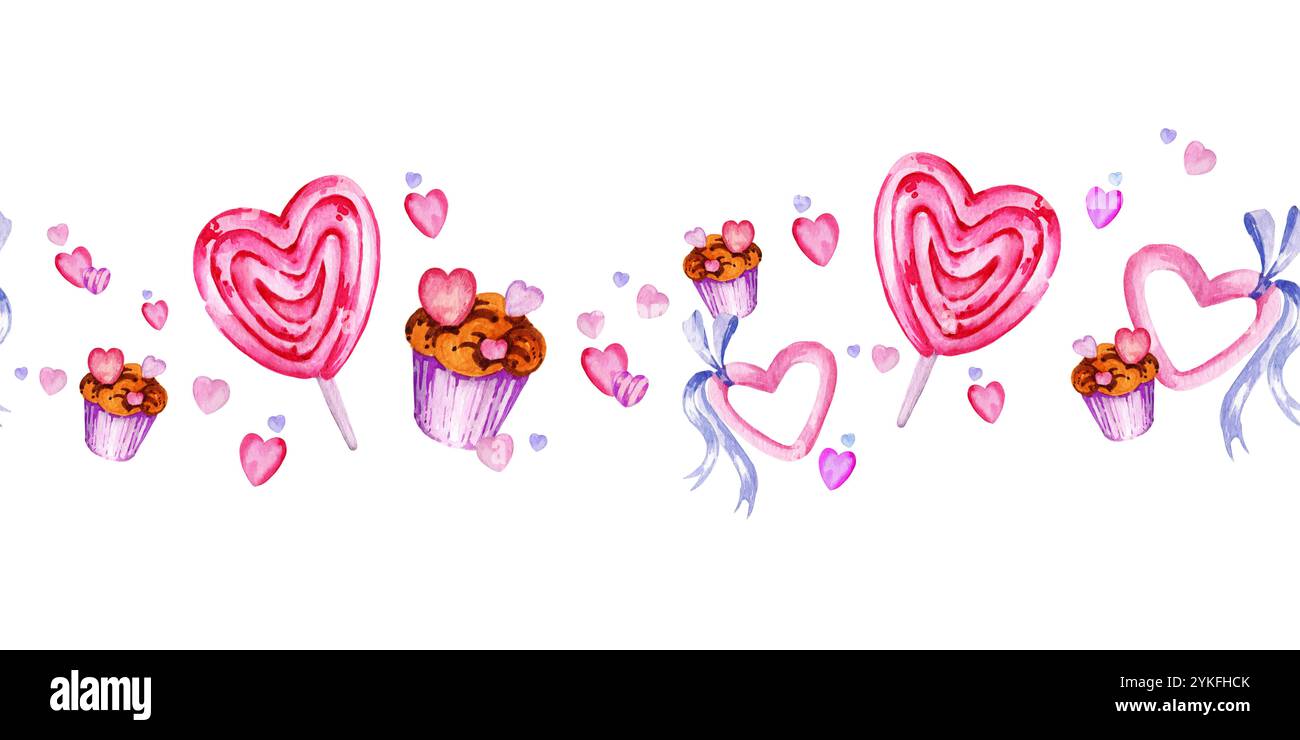 seamless border of valentine day theme with different watercolor hearts ...