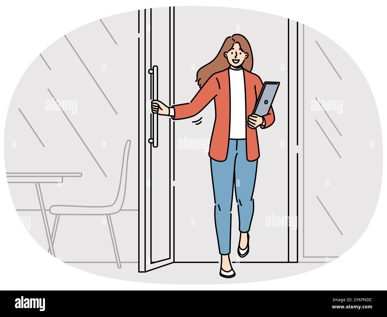 Woman freelancer with laptop leaves cafe with transparent window and ...