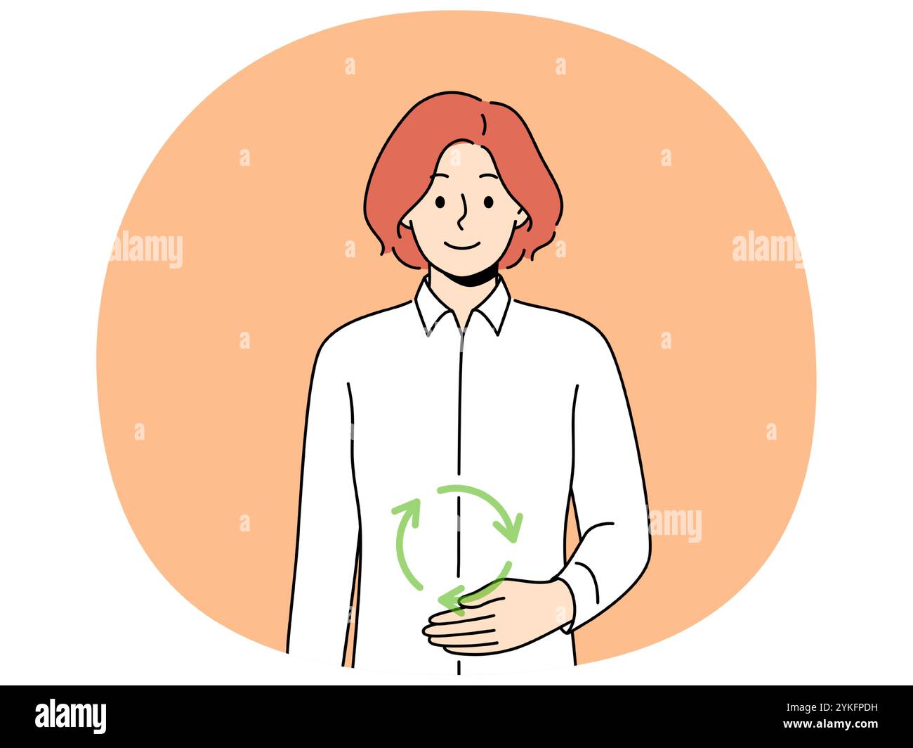 Woman with symbol of digestion near stomach, smiling and looking at ...