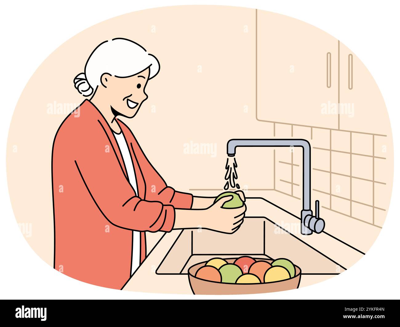Elderly woman washes fruits in sink, standing in kitchen and observing ...