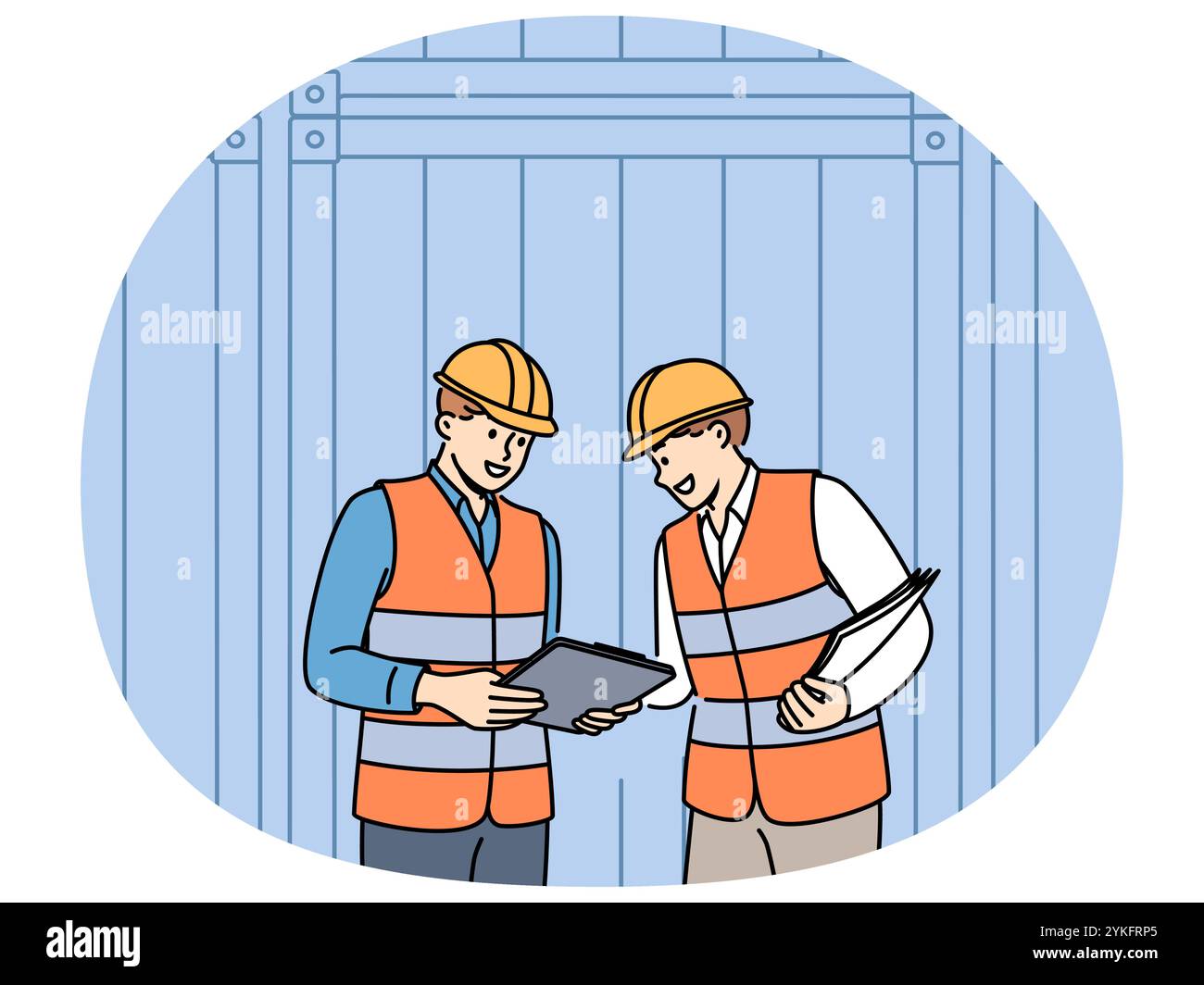 Men work in industrial field and stand near sea shipping containers ...