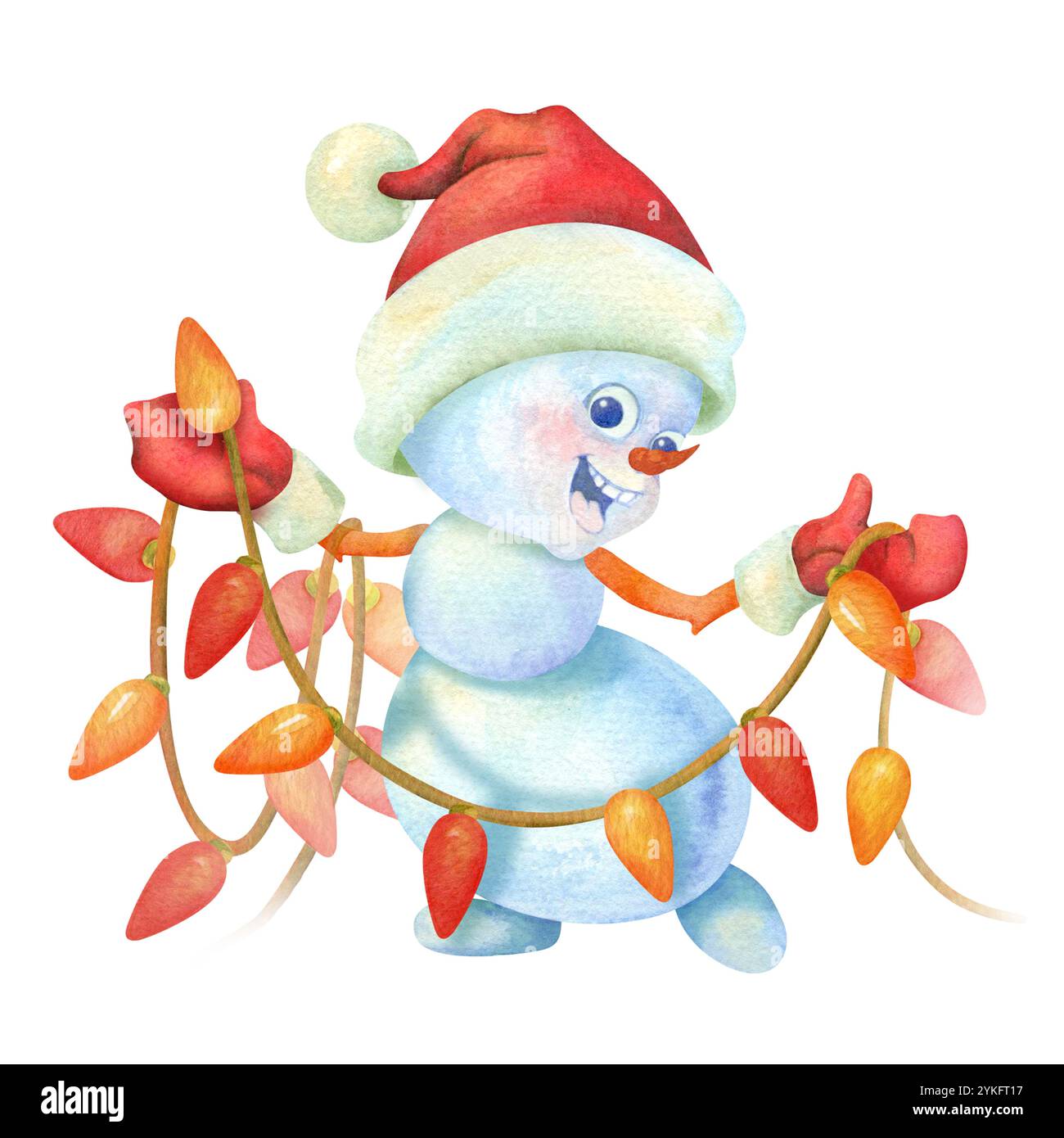 Cute Christmas snowman with a garland. Isolated funny toddler character ...