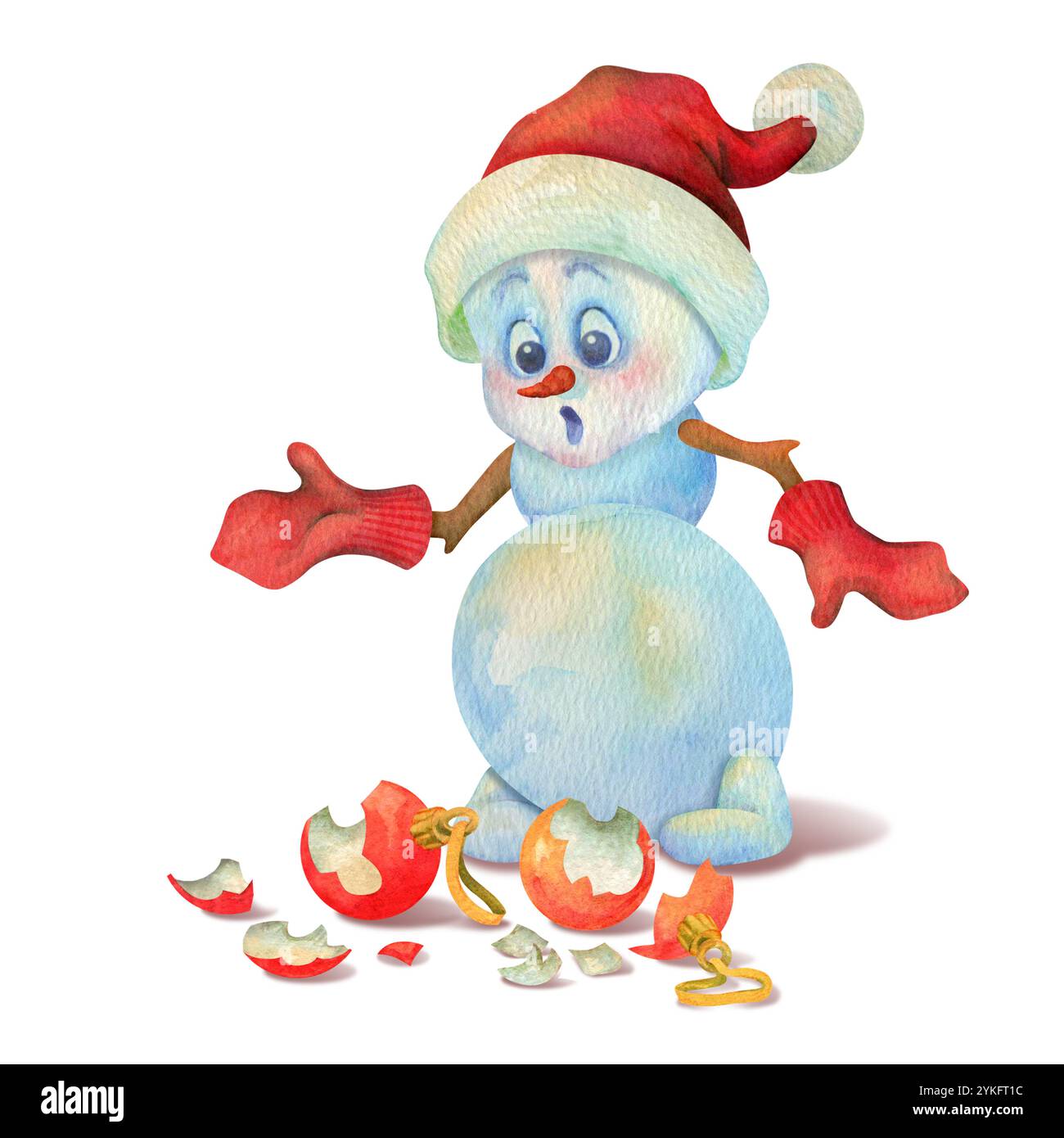 Hand-drawn cartoon sad snowman looks confused at the broken Christmas ...