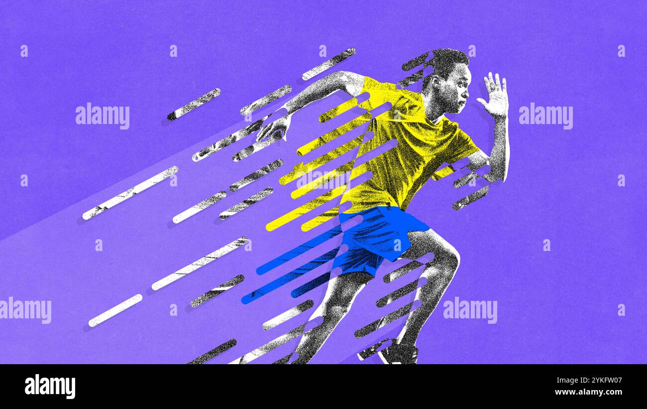 Contemporary art collage. Black and white runner in dynamic pose, with ...