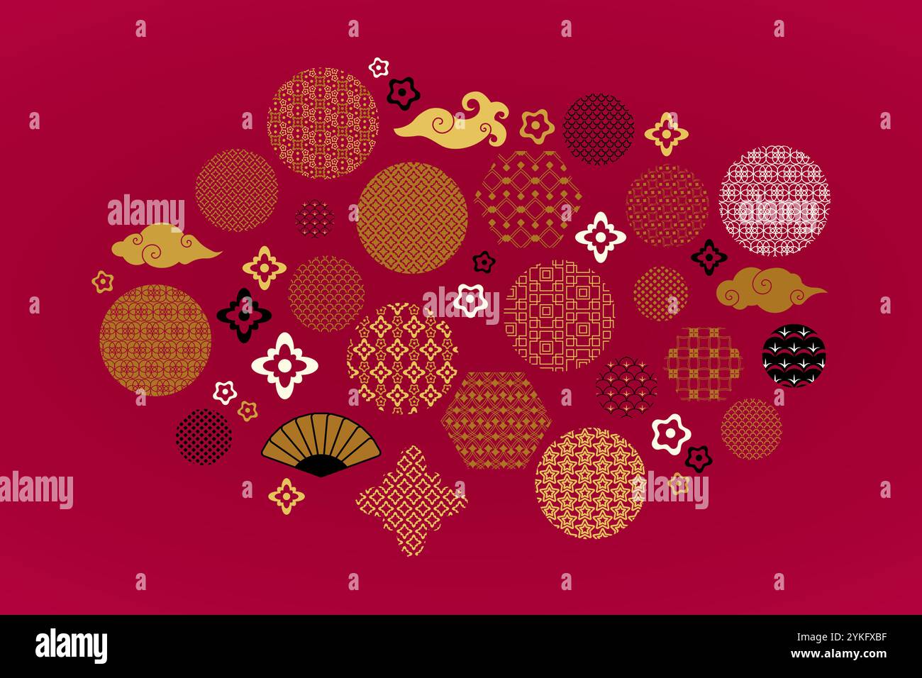 Chinese large set of round hexagonal and floral elements with ...