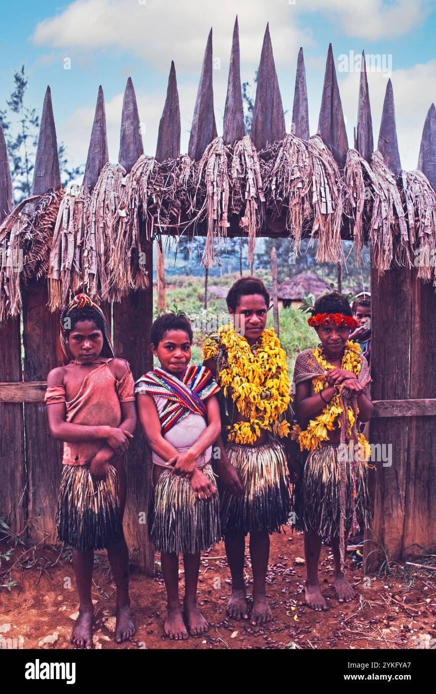 Four young Huli girls standing in front of the defensive fortified gate ...