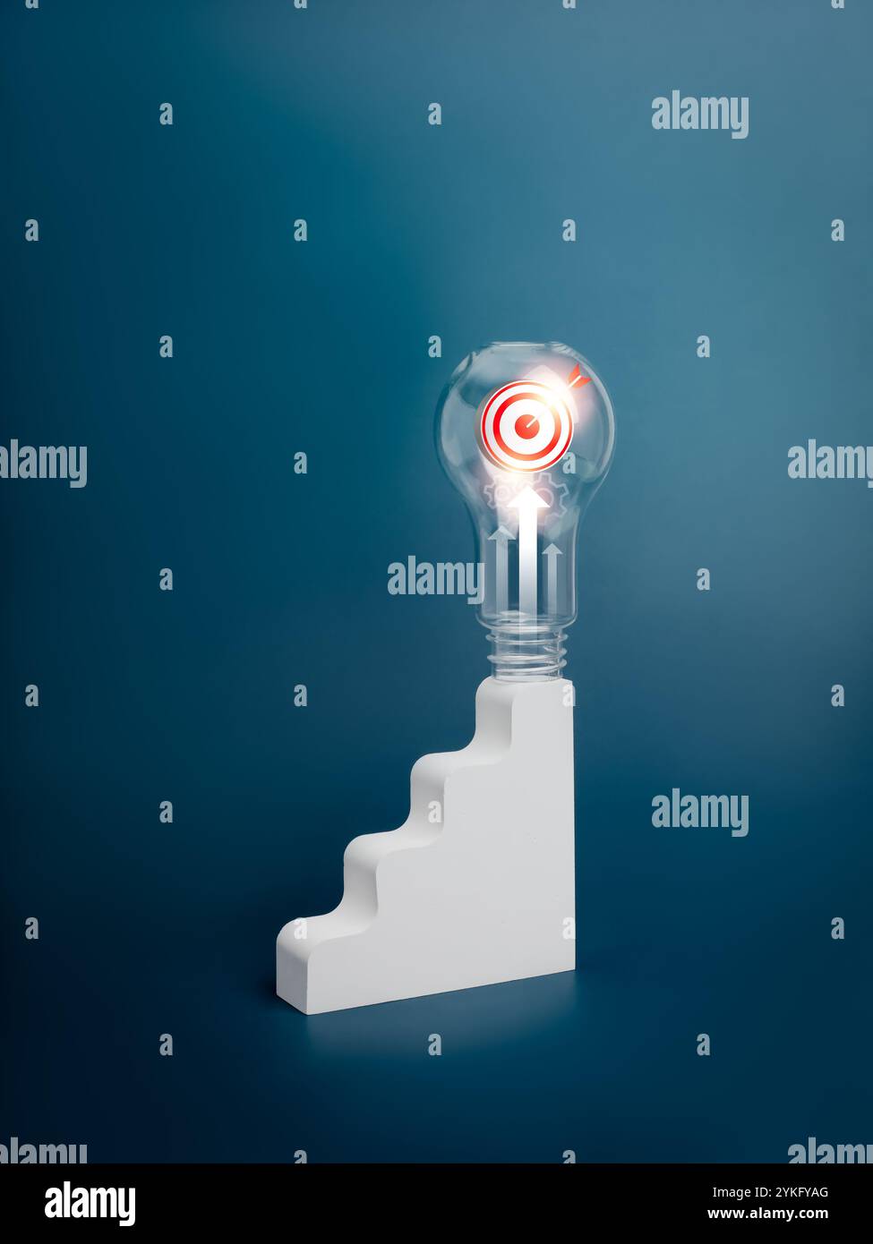 3d Target icon inside lightbulb stand on top of white staircase as bar ...