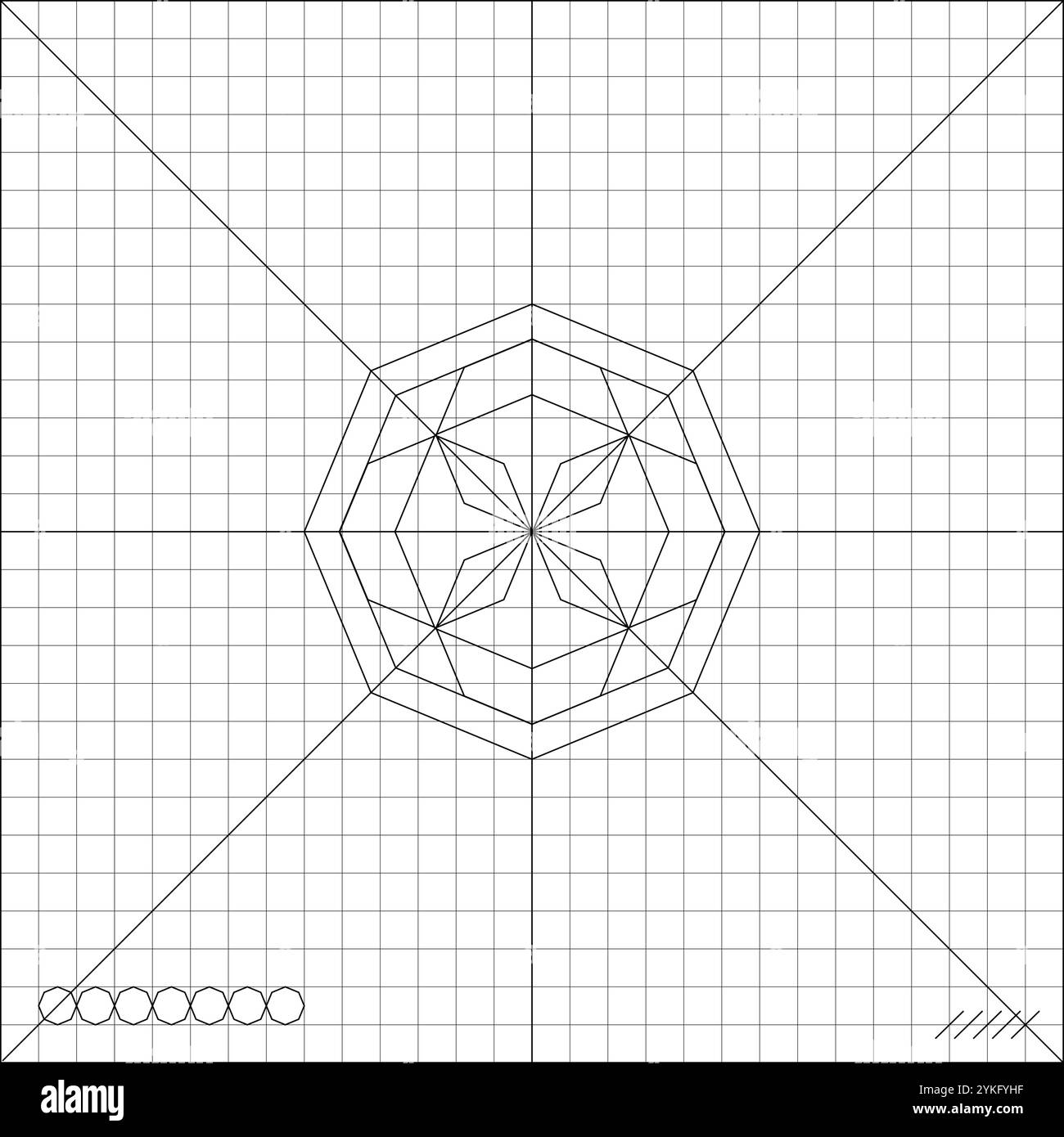 Image of octagons connected at center point into complex figure on notebook sheet of checkered ...