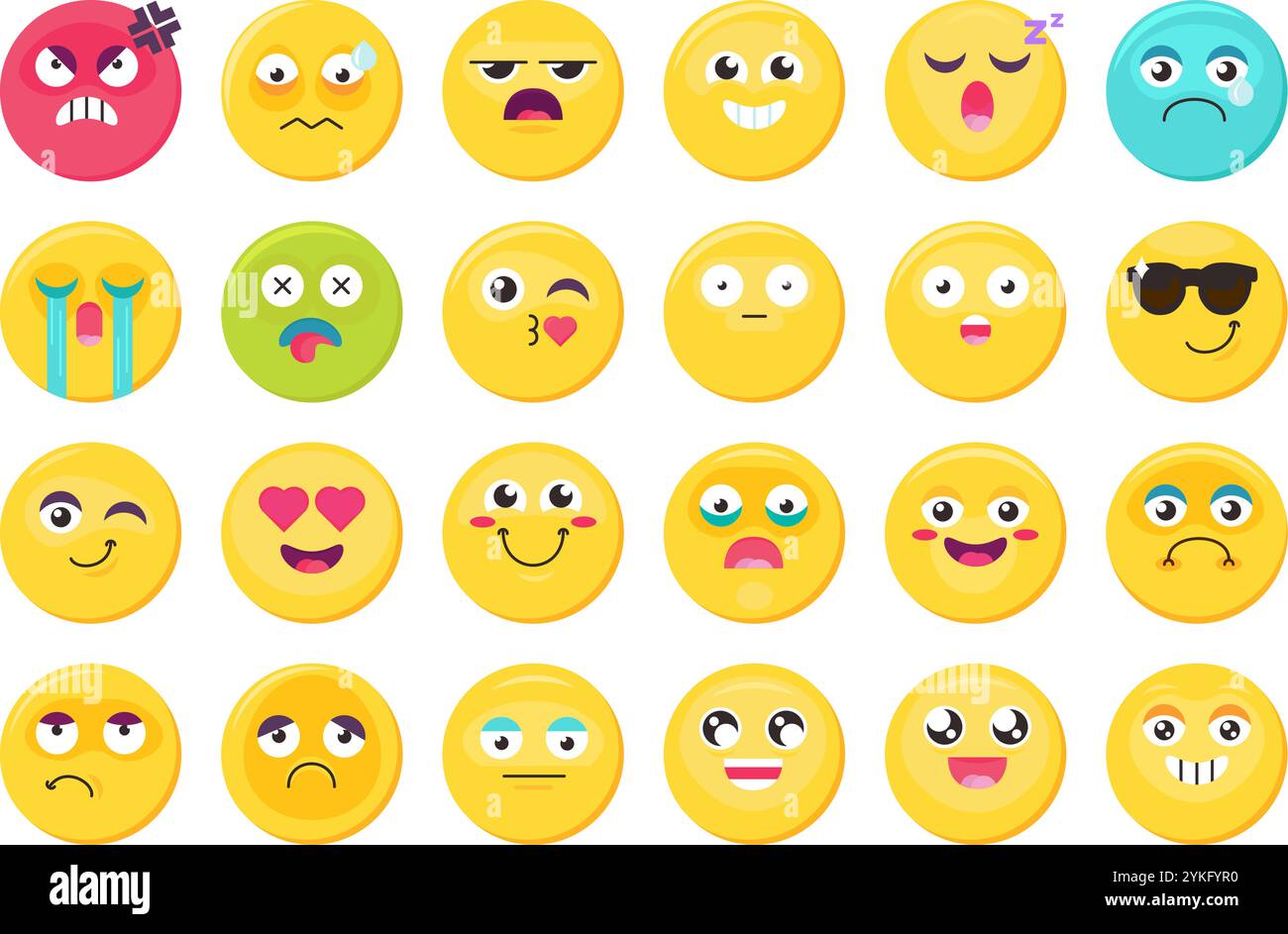 different facial expressions colorful emoji icon set, happy, sad, angry ...