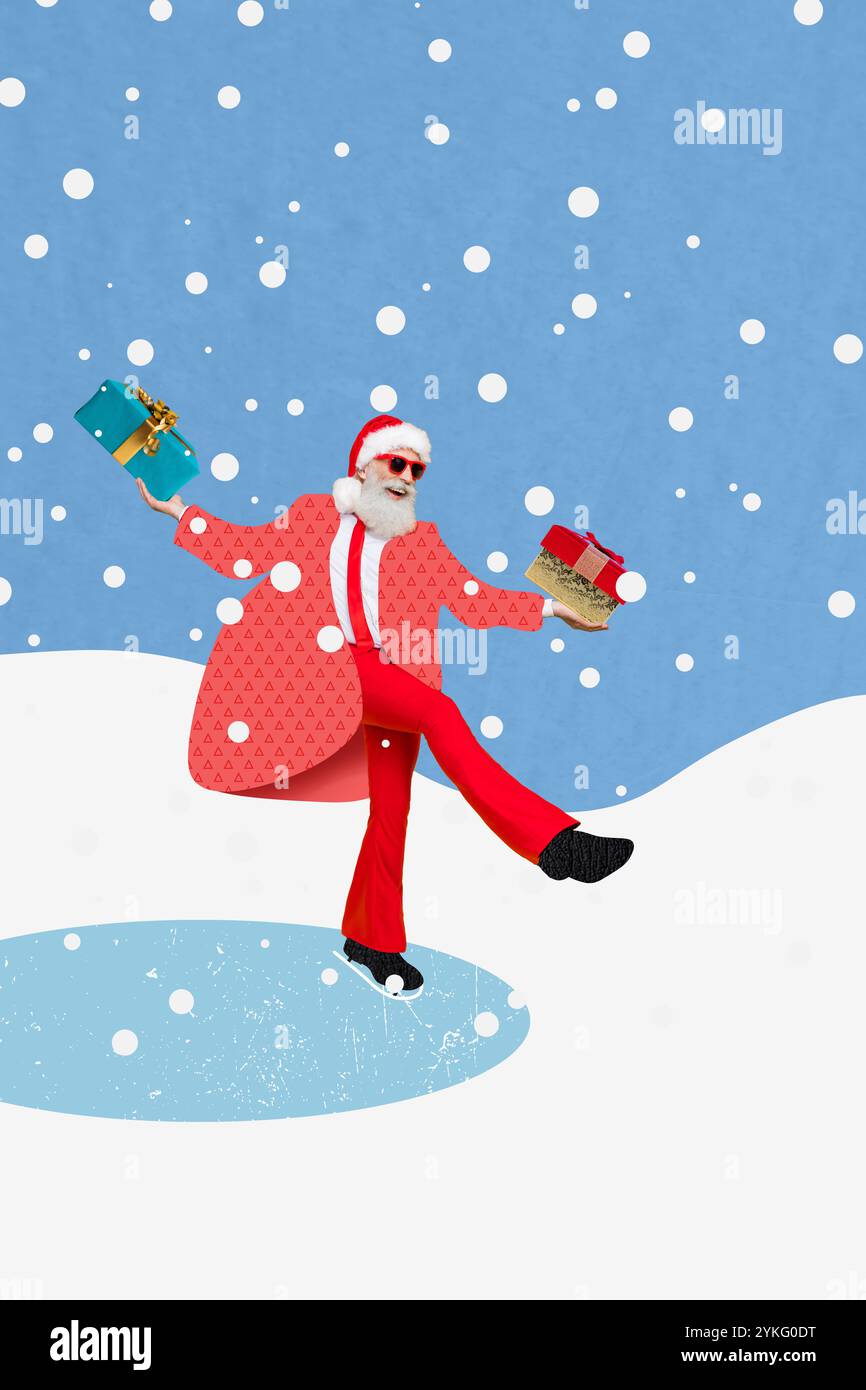 Creative template collage of positive santa claus deliver gifts on midnight christmas night ...