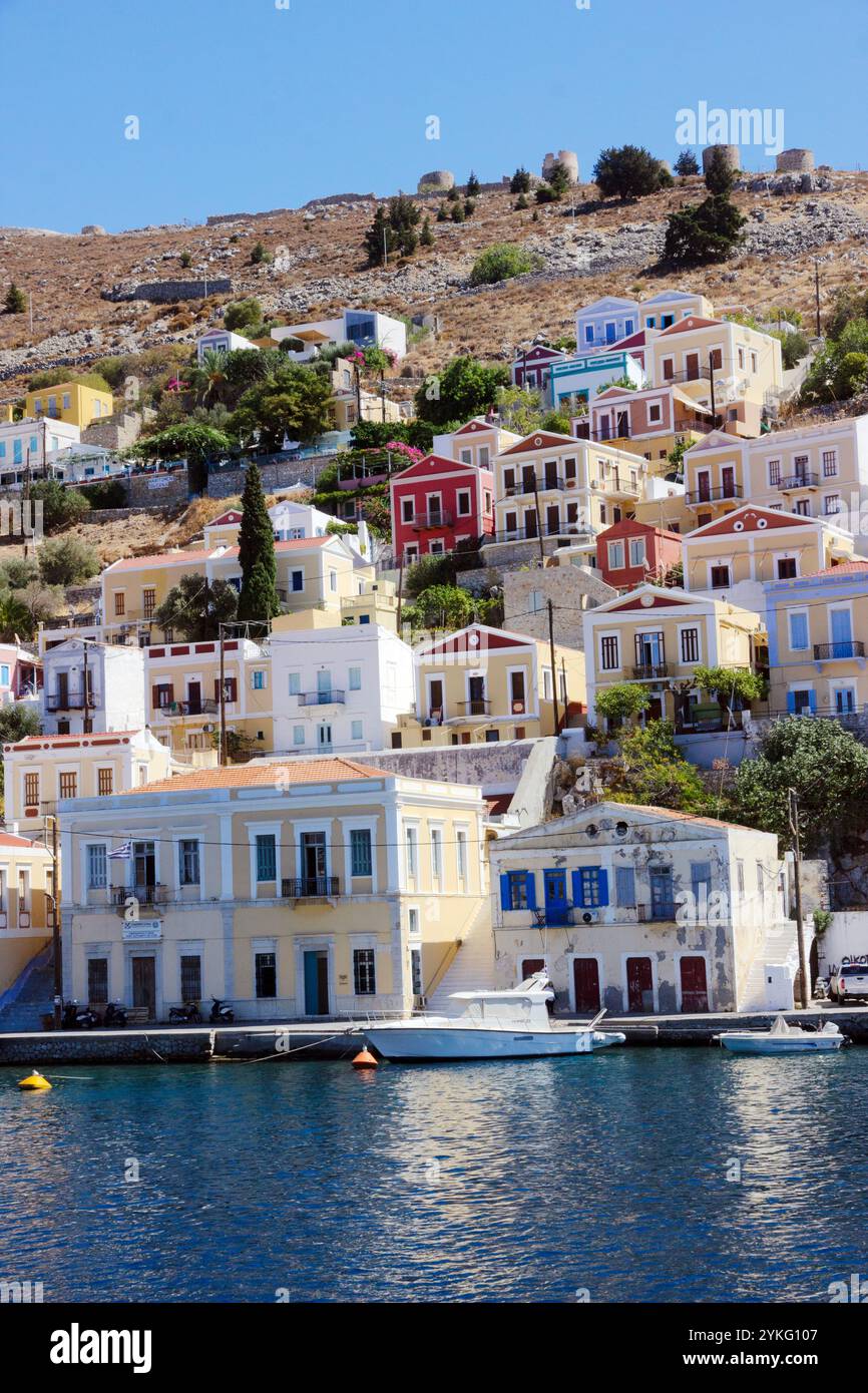 The harbour port of Symi town on the Greek island of Symi in the ...