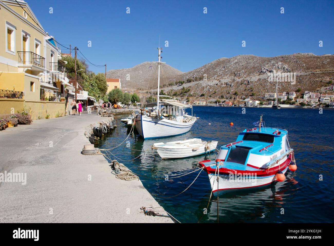 The harbour port of Symi town on the Greek island of Symi in the ...