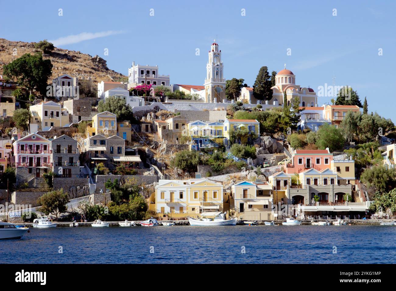 The harbour port of Symi town on the Greek island of Symi in the ...