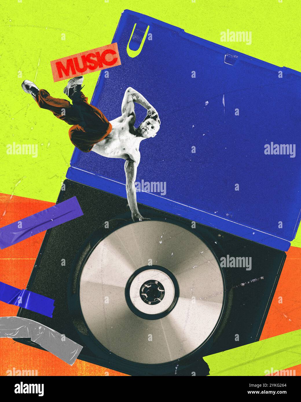 Dynamic breakdancer performing atop CD, set against bright and colorful ...