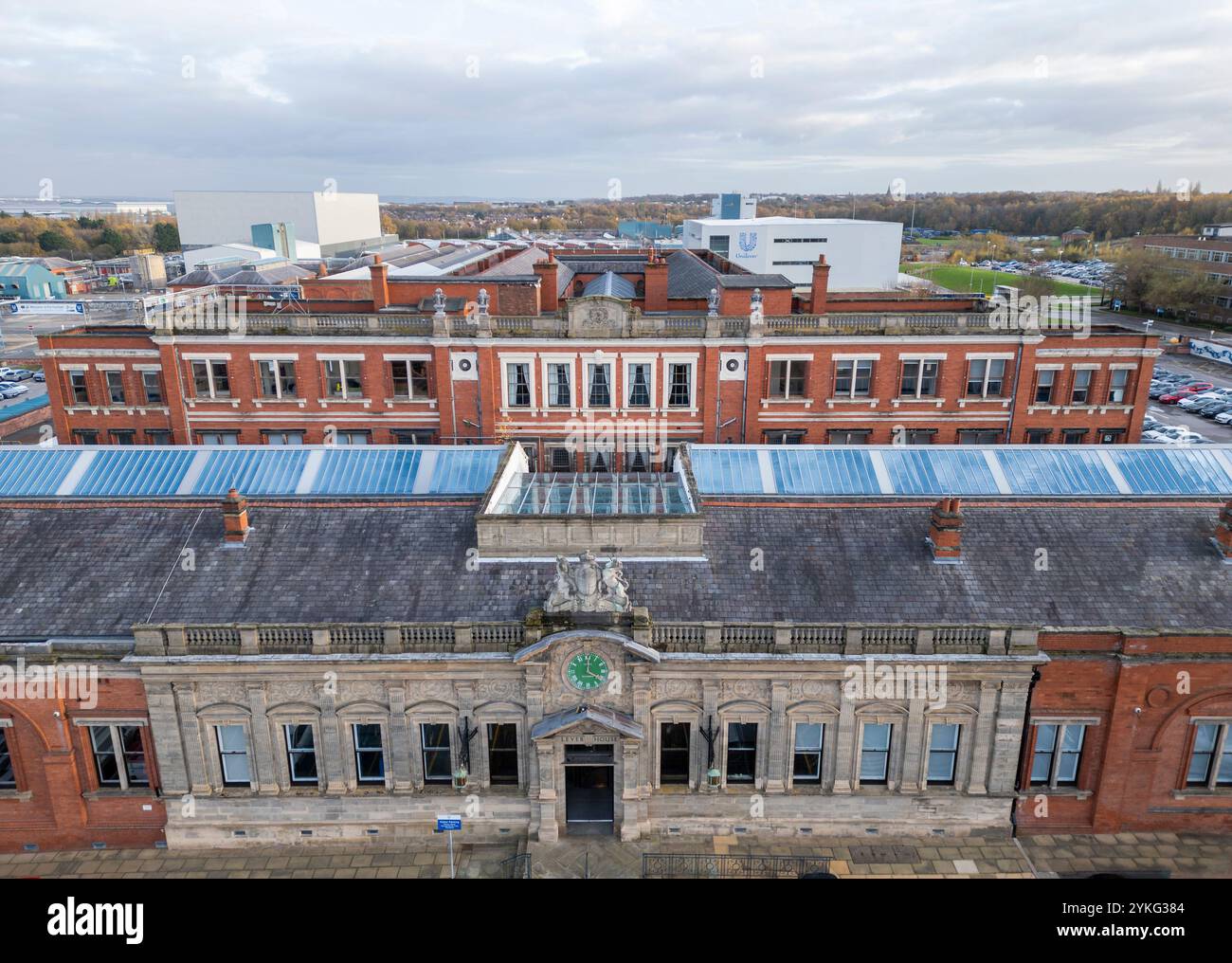 Aerial view of Unilever factory in English village of Port Sunlight ...
