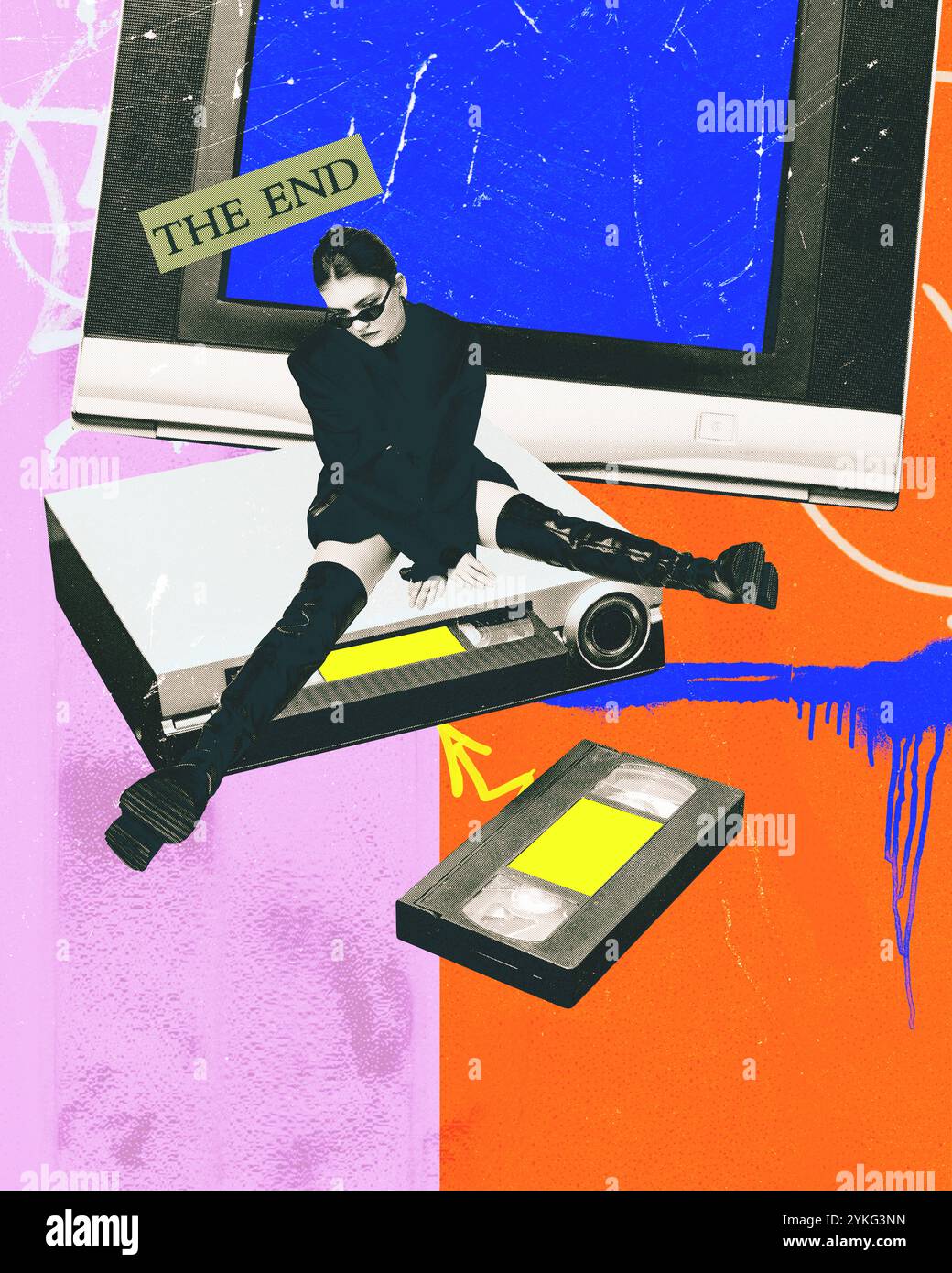 Stylish woman sitting on retro VCR player with VHS tapes, set against ...