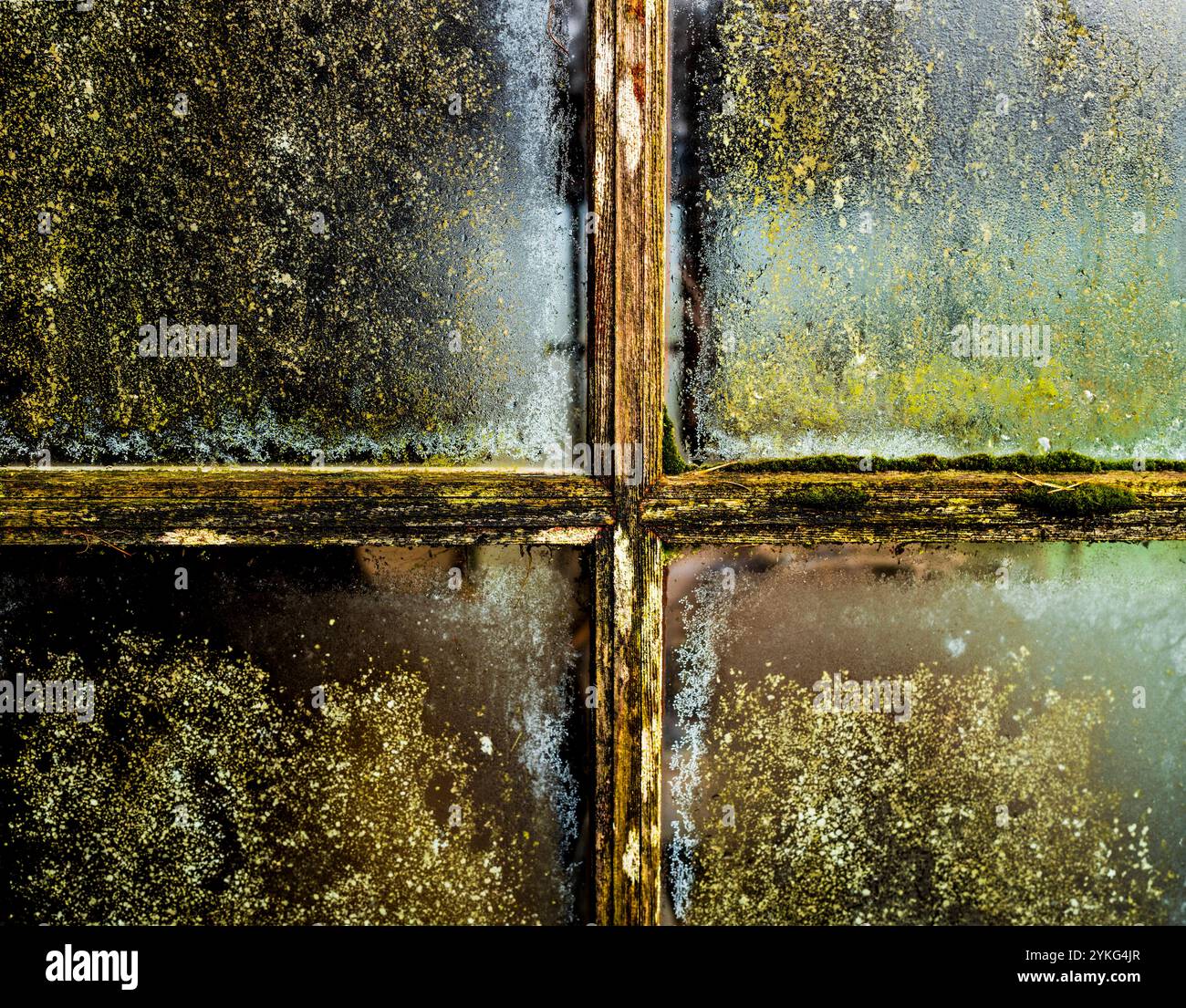 Frosted window pane in old garden hut Stock Photo - Alamy