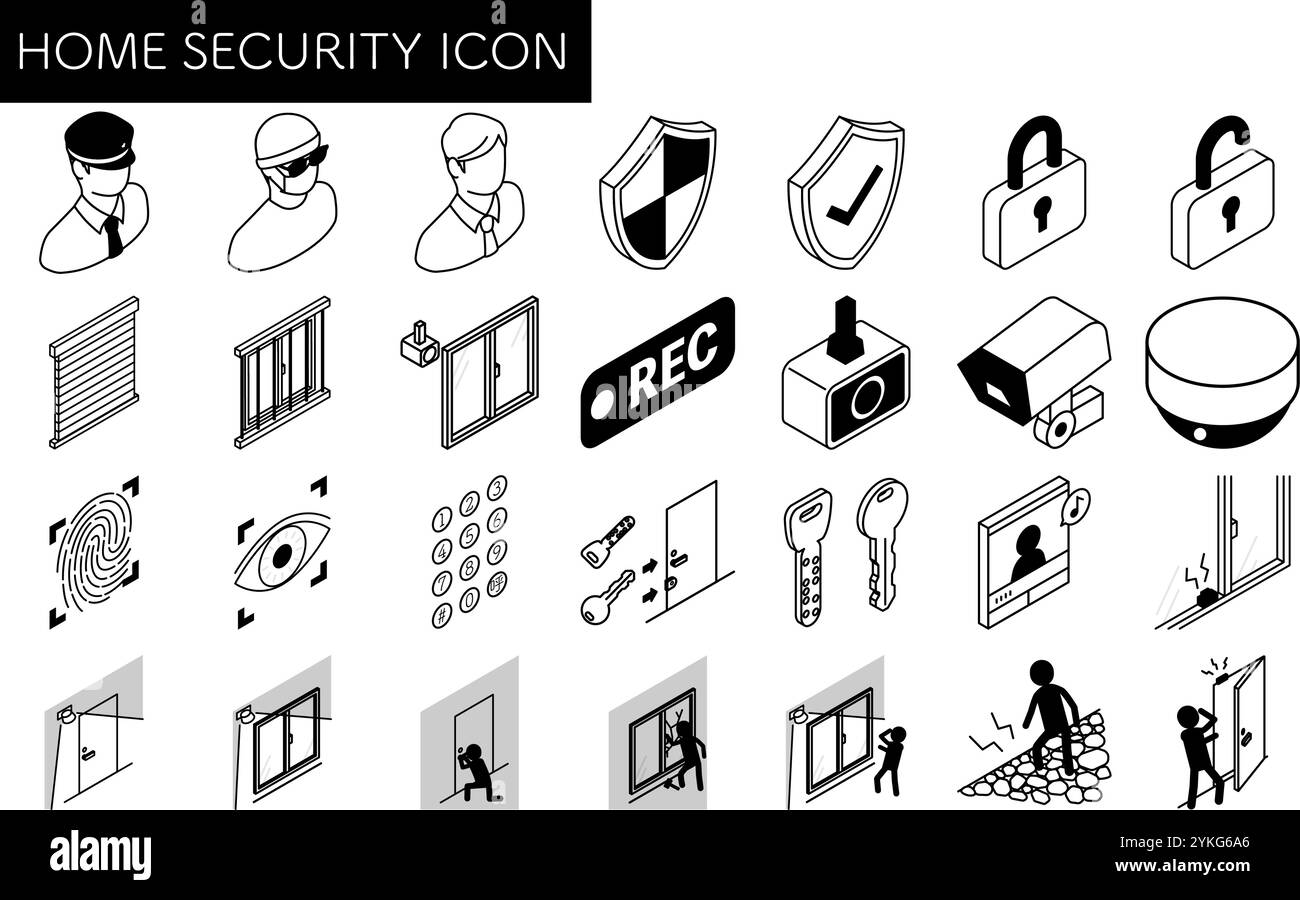Isometric illustration of a black-and-white icon of crime prevention ...