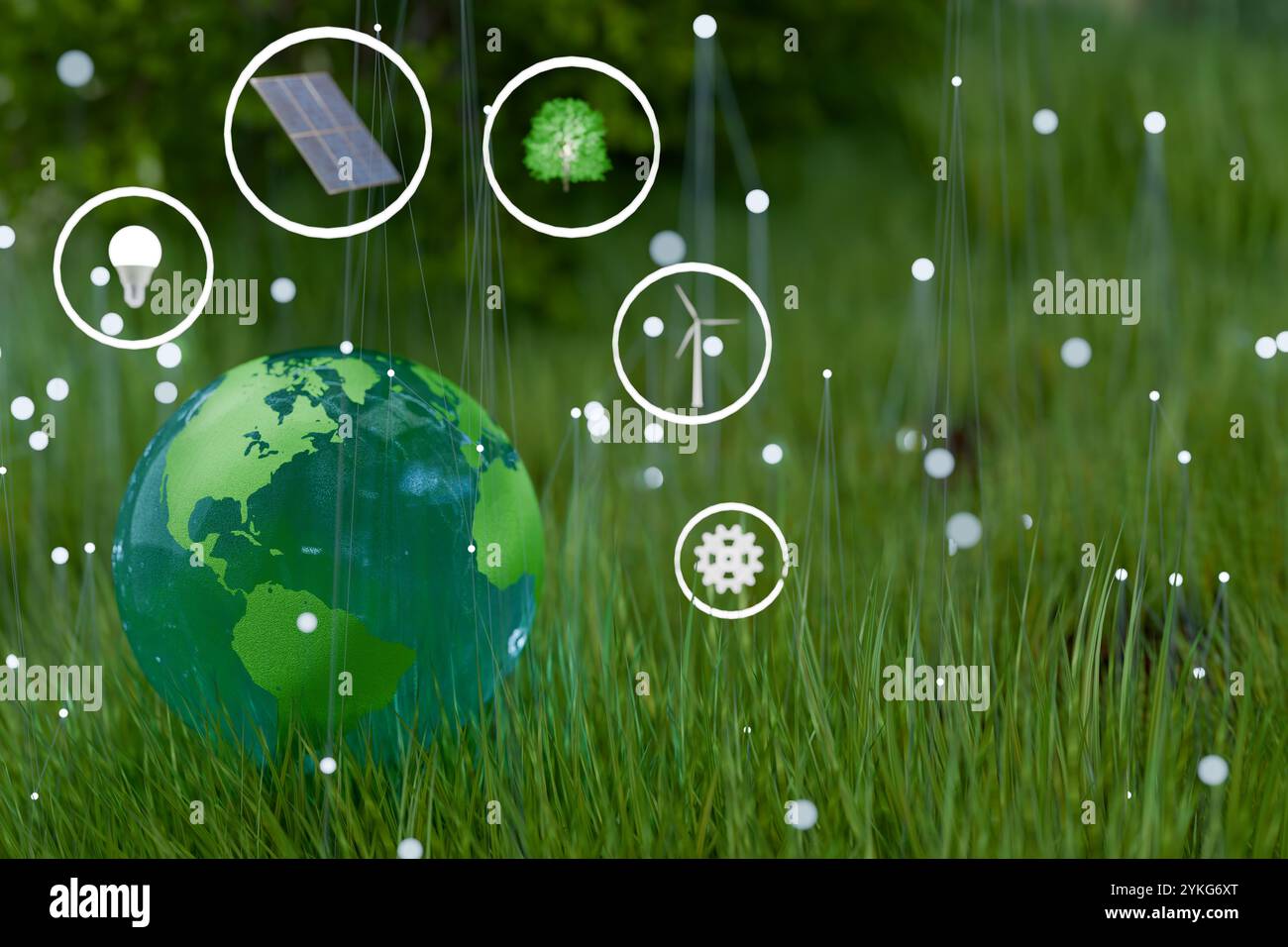 Earth surrounded by symbols of renewable energy on a grassy background ...