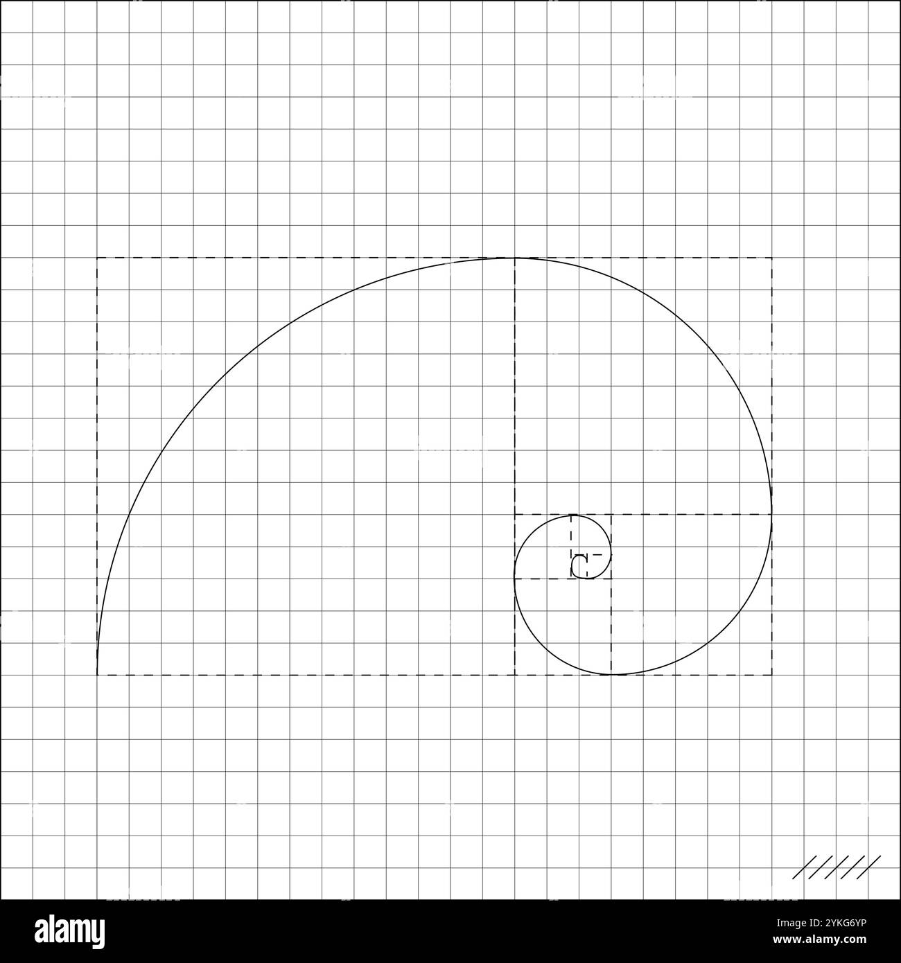 Image of golden ratio spiral on notebook sheet of checkered paper. School paper sheet lined in a ...