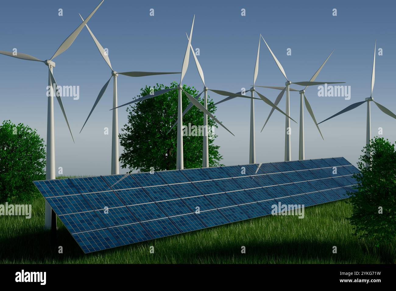 Renewable energy sources featuring wind turbines and solar panels in a ...