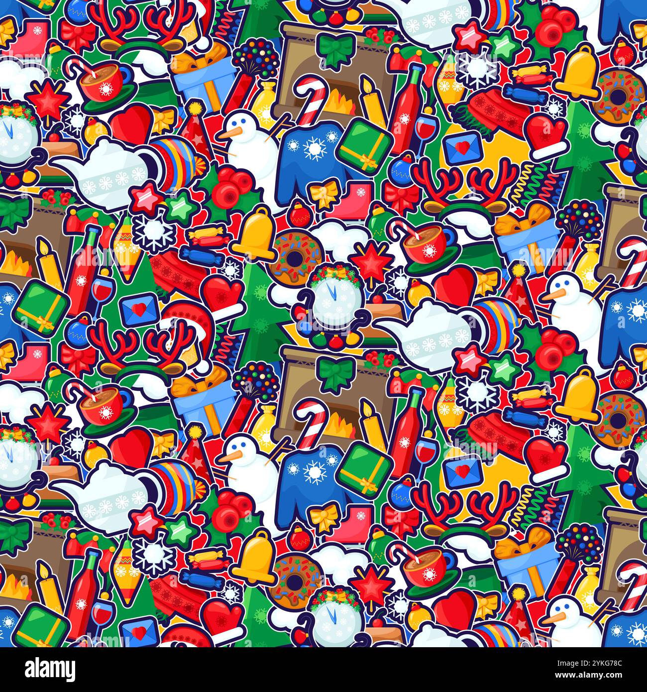 Holiday seamless pattern with New Year stickers and cards piled up in ...