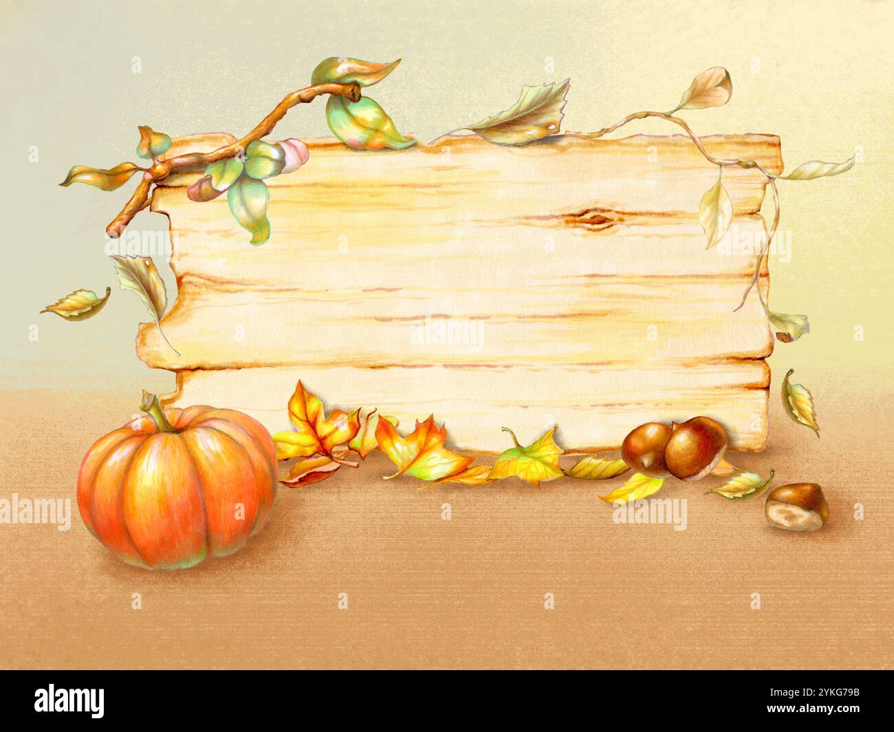 Autum themed wood banner. Traditional illustration on paper, digital ...