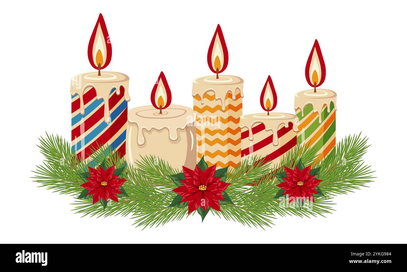 Christmas candles with striped patterns surrounded by pine branches and ...