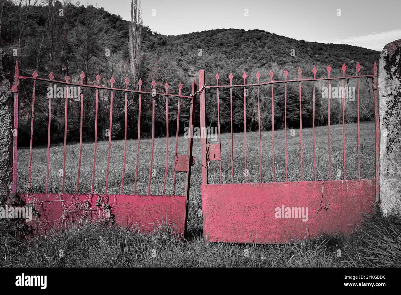 Red Gate in Monochrome World Stock Photo - Alamy