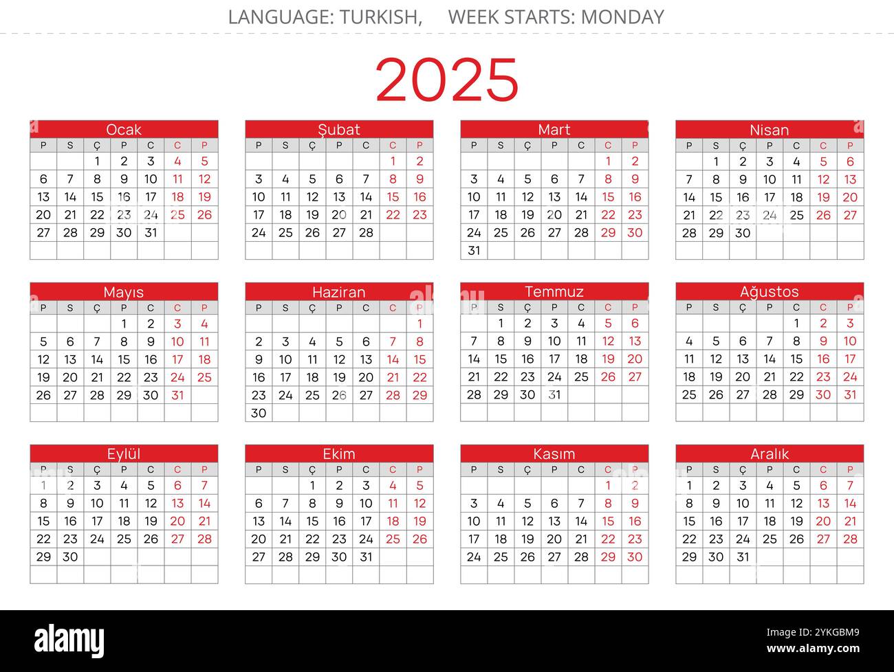 2025 year turkish calendar (takvim). Vector printable illustration for ...