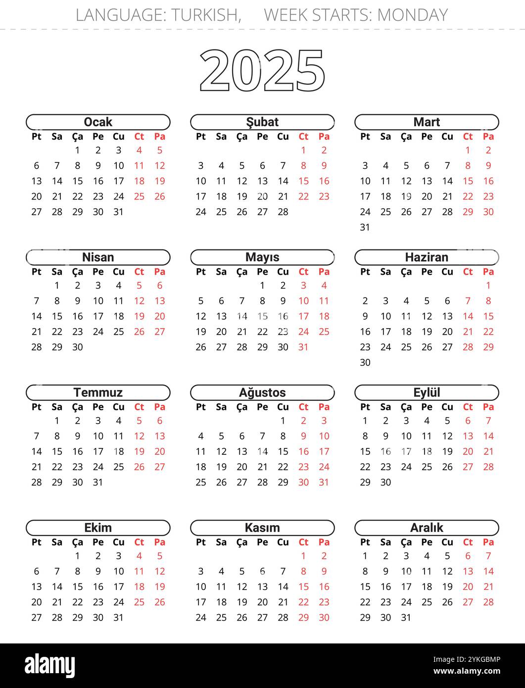 2025 year turkish calendar - takvim. Printable vector illustration for ...