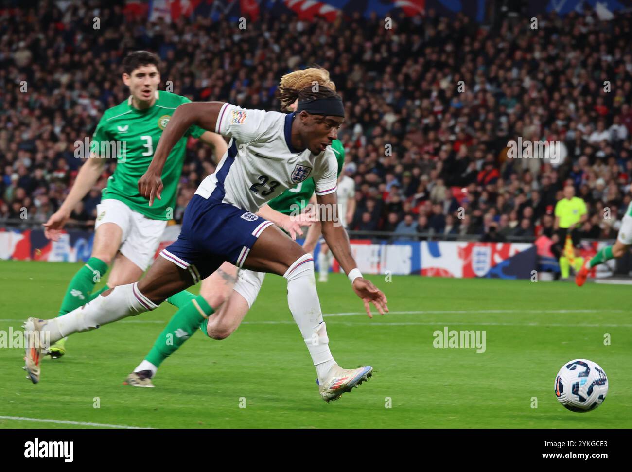 London, UK. 17th Nov, 2024. L-R None Madueke(Chelsea) of England takes ...
