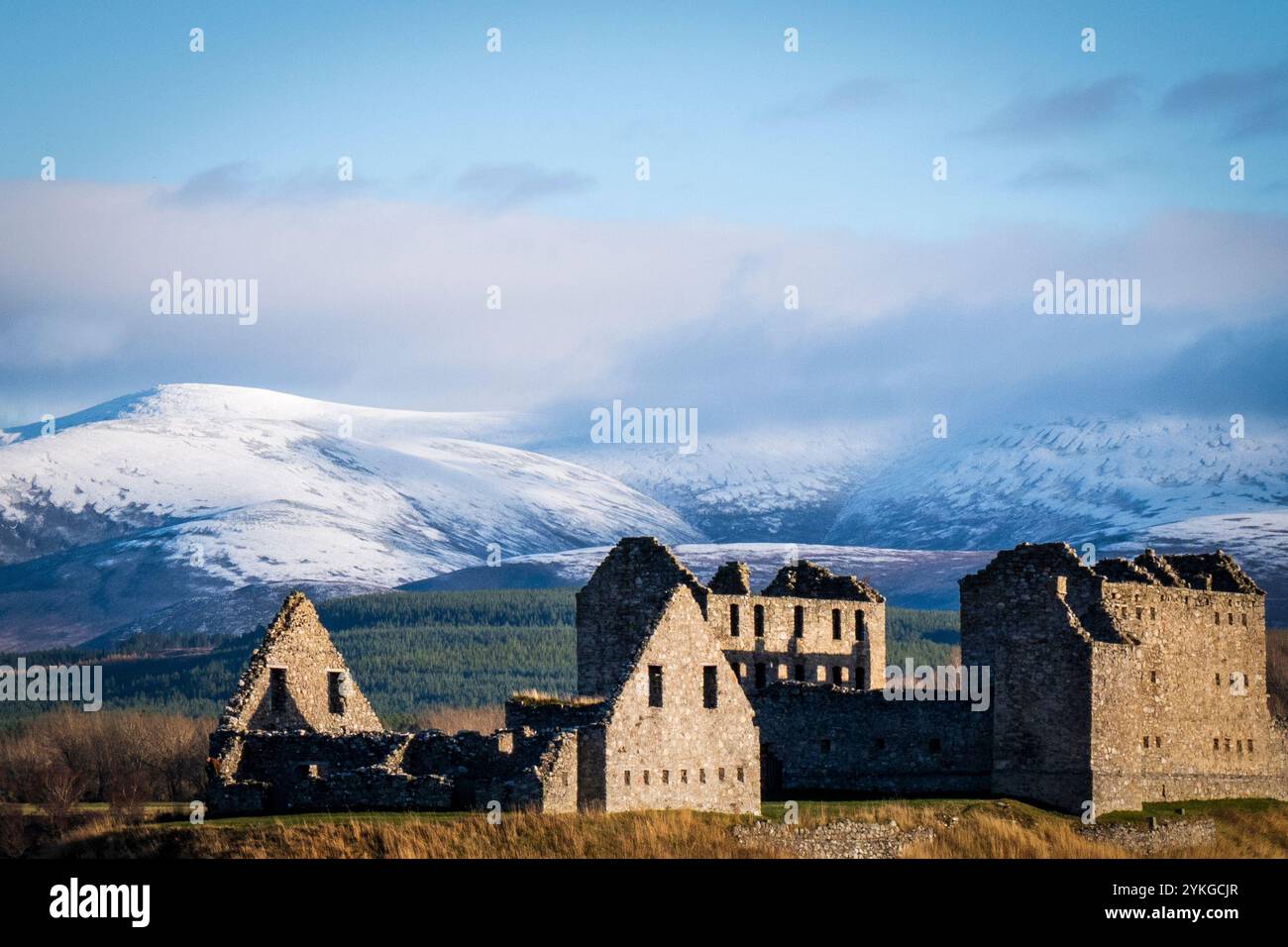 Snow on the Cairngorms above the ruins of Ruthven Barracks near ...