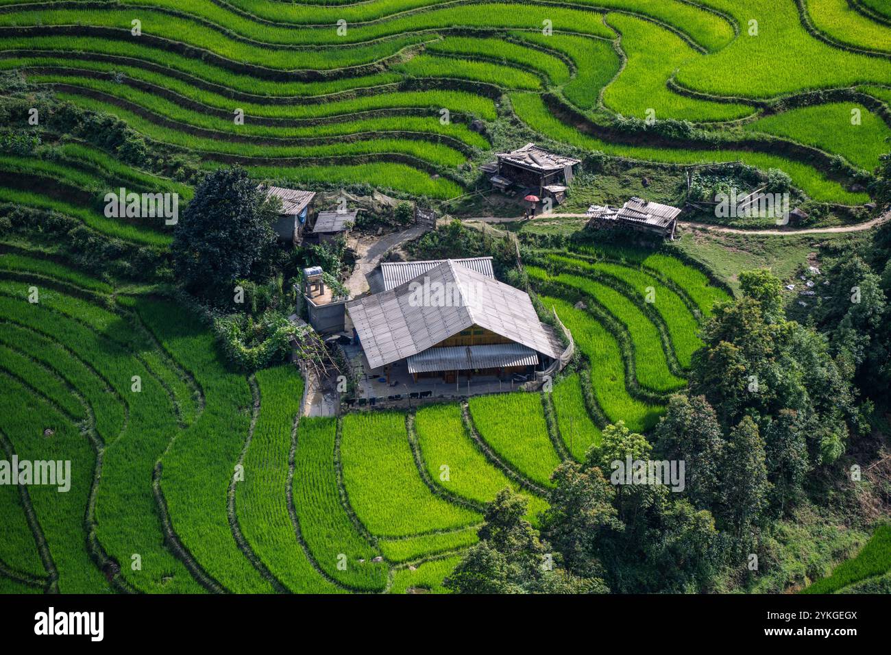 Aerial countryside view of Sapa, a rural mountain town in the highlands ...