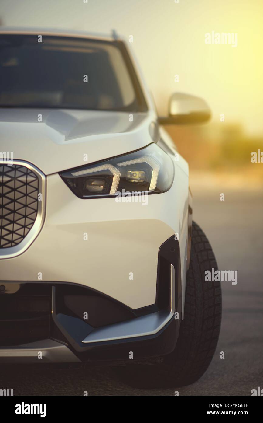 Izmir, Turkey - Nov 11 2024: Front angled view of the BMW IX1 eDrive ...