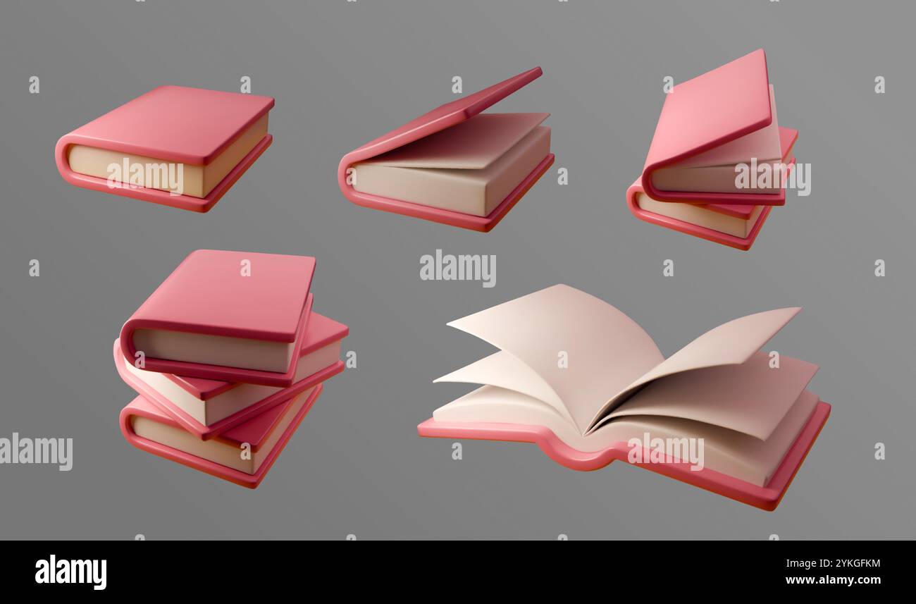 Set of 3D vector illustrations of pink books in different positions ...