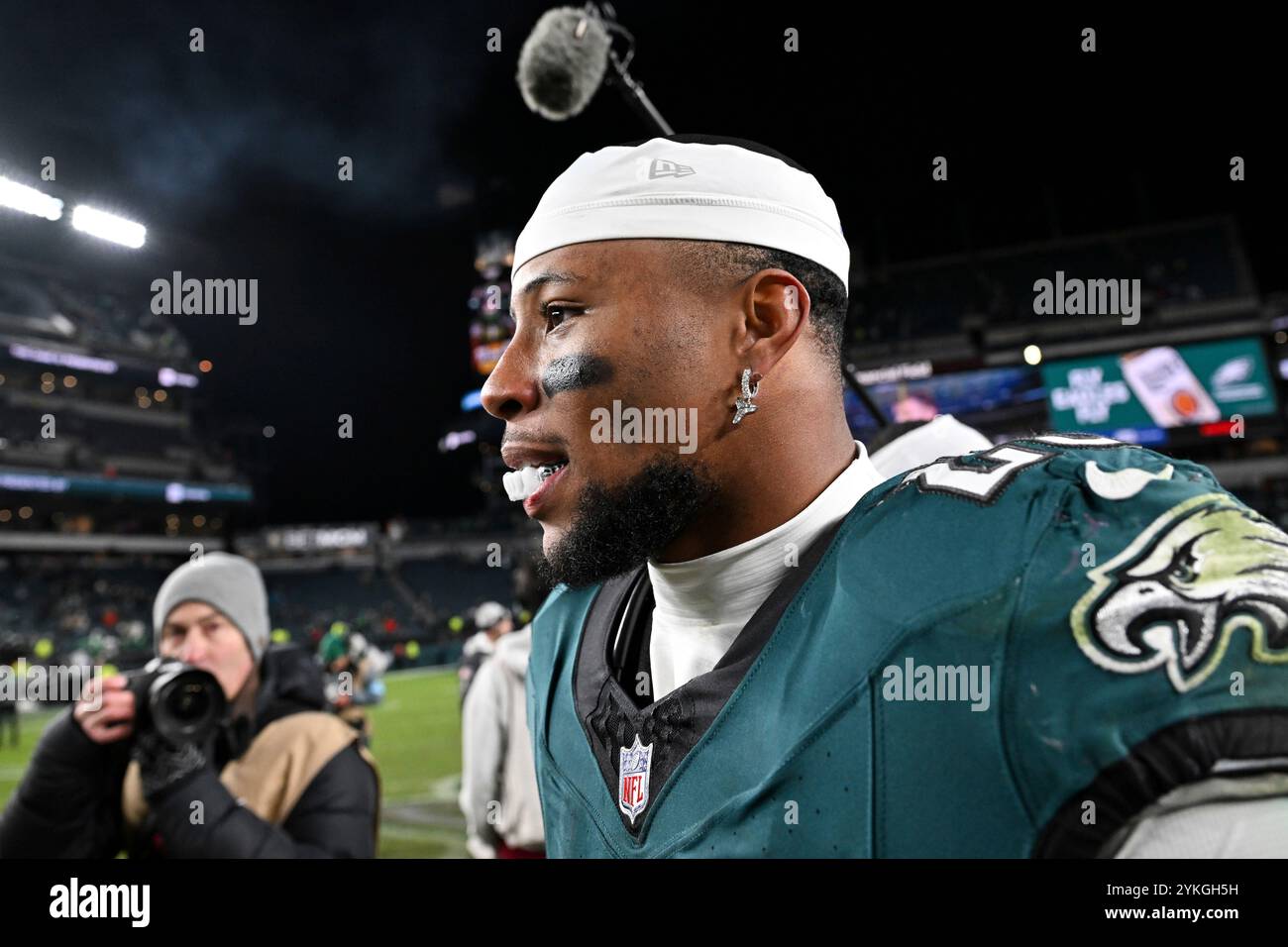 Philadelphia Eagles running back Saquon Barkley looks on after an NFL ...