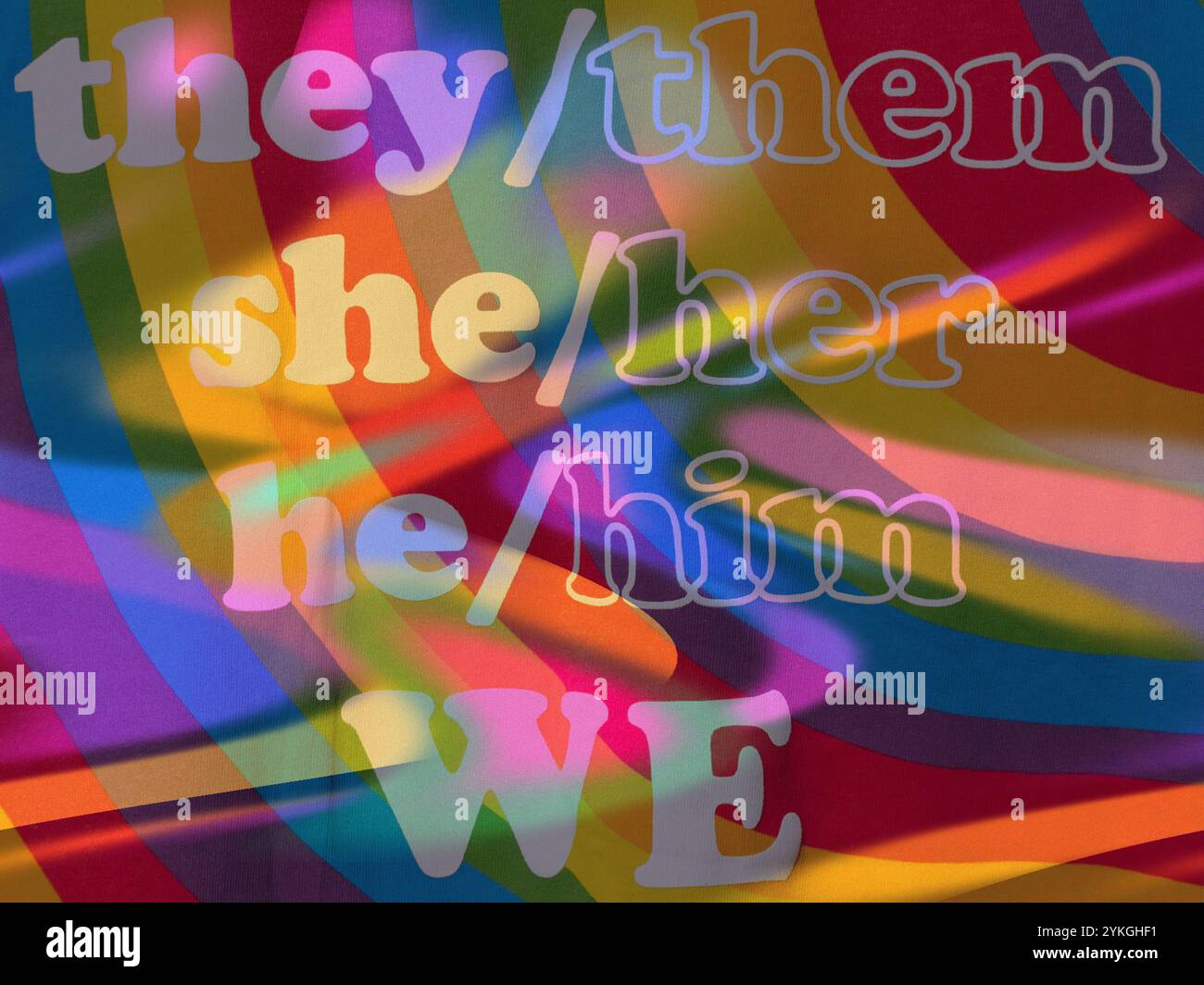 Text 'they, them, she, her, he, him, them' on colourful rainbow wavy ...